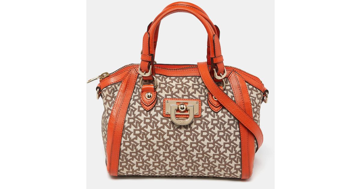 DKNY /beige Monogram Canvas And Leather Zip Satchel in Red | Lyst