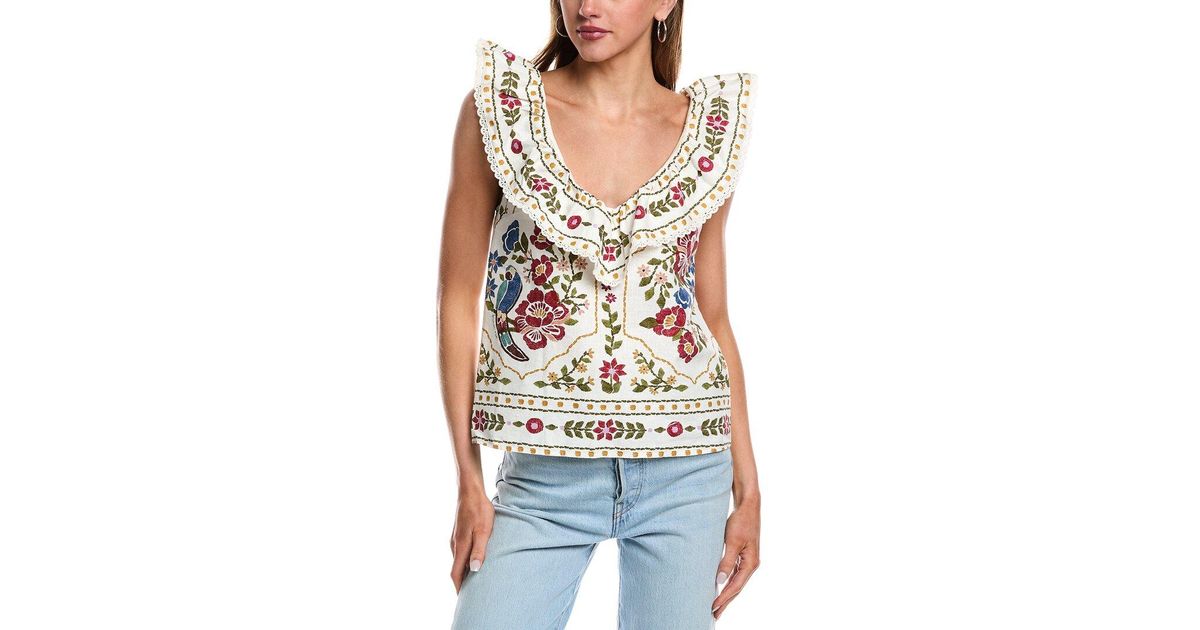 FARM Rio Ruffle Linen-Blend Top in White | Lyst