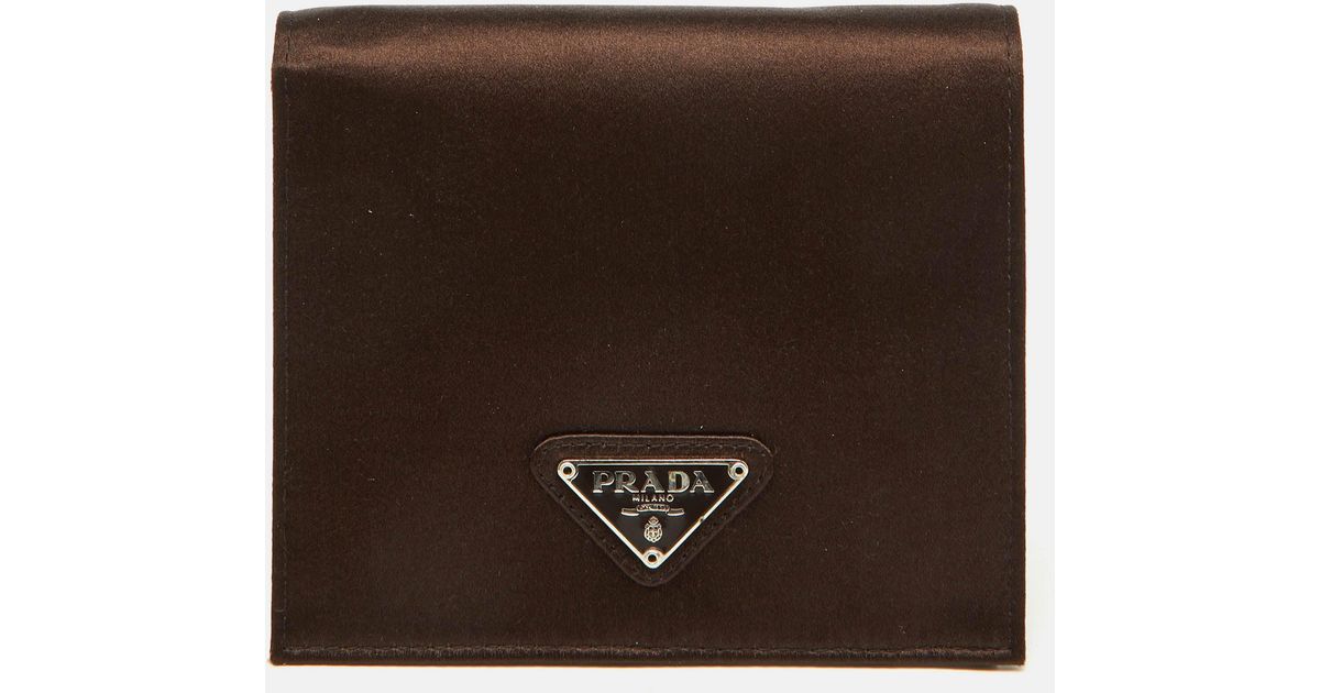 Prada Dark Satin Triangle Logo Compact Bifold Wallet in Brown | Lyst