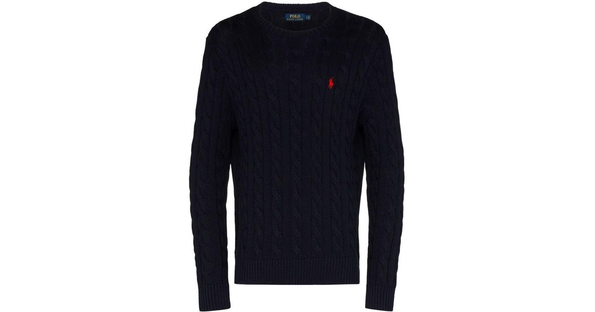Polo Ralph Lauren Dark Cable Knit Sweater With Embroidered Logo in Blue ...
