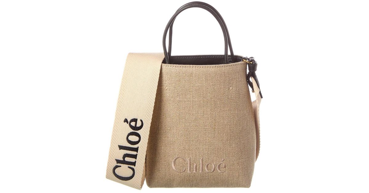 Chloé Sense Micro Linen & Leather Tote in Natural | Lyst