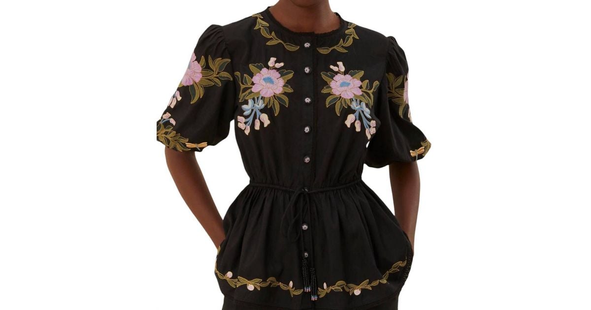 FARM Rio Embroidered Short Sleeve Blouse in Black | Lyst