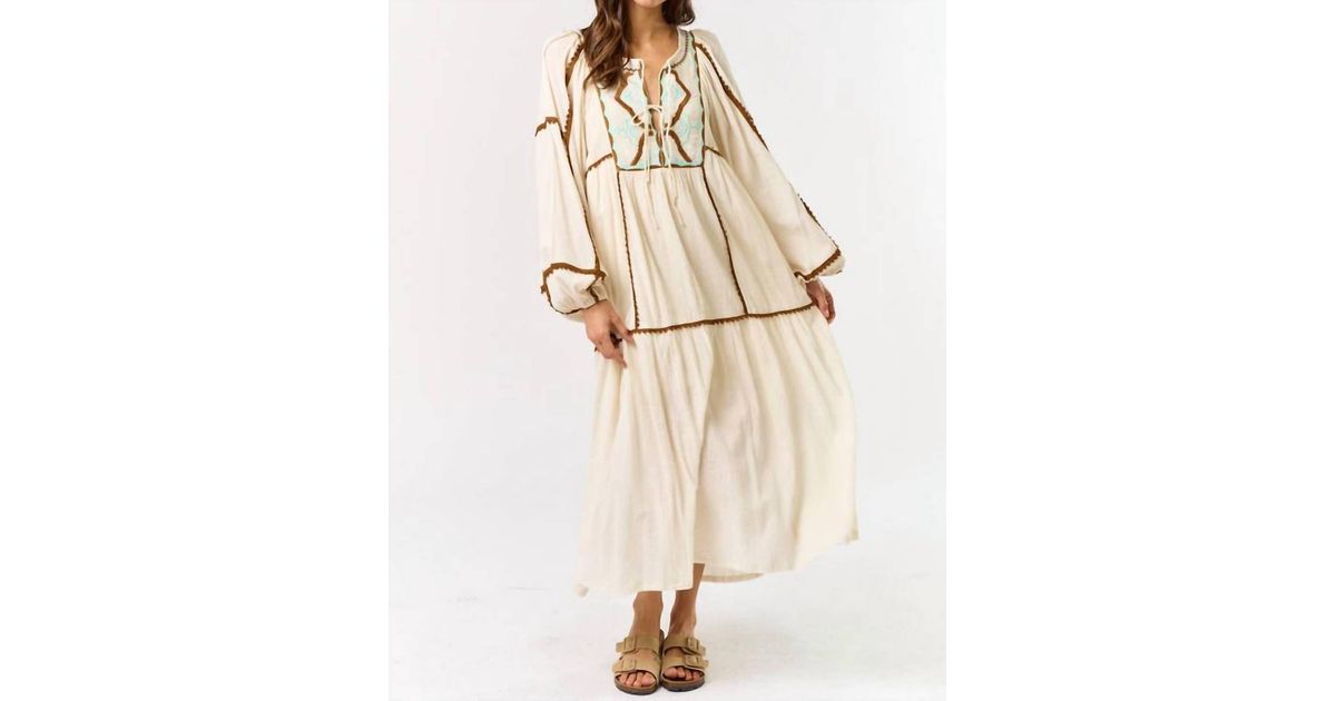Lalavon Scandi Style Embroidered Maxi Dress in Natural | Lyst