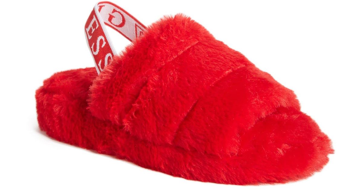 Guess Factory Liddie Faux-fur Slippers in Red | Lyst