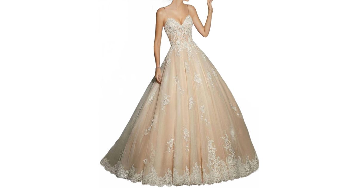 Mori Lee Mariska Embroidered Alencon Lace Gown in Natural | Lyst