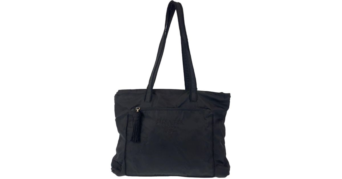 Prada Nylon Tessuto Logo Embroidery Tote Bag in Black | Lyst
