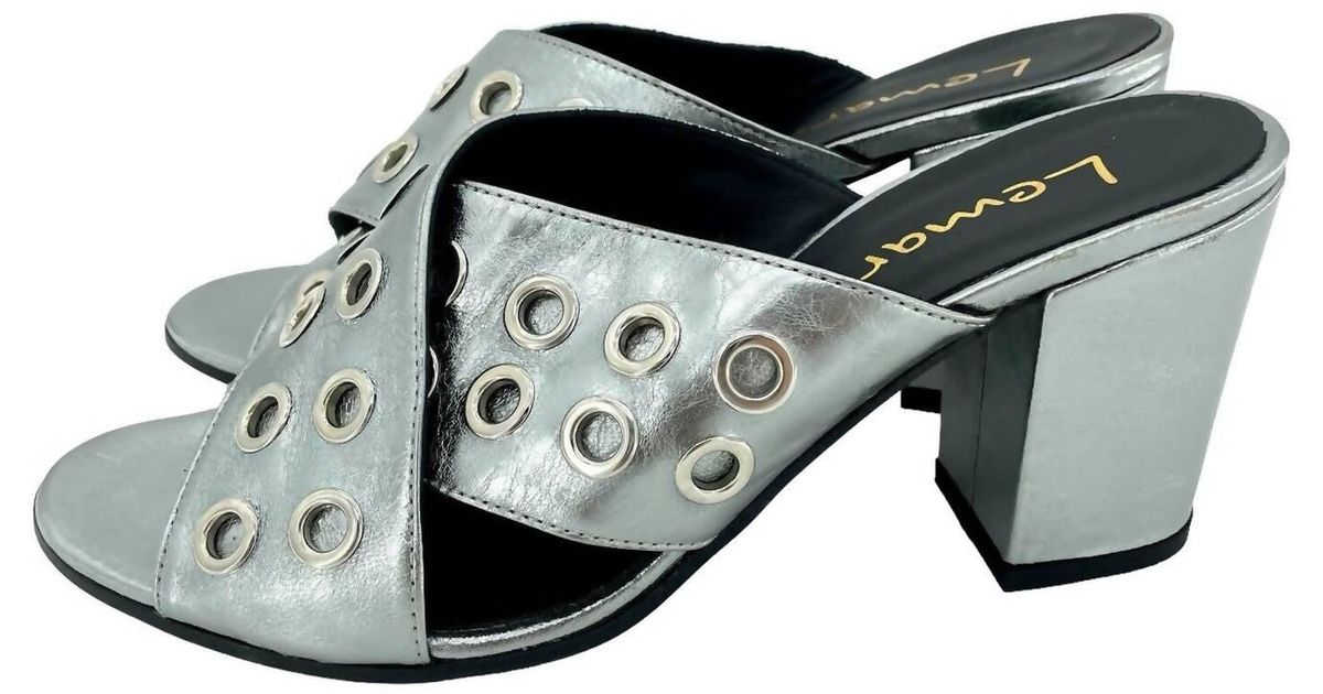 Lemarè Metallic Cross Grommet Block Heel Sandals in Gray | Lyst
