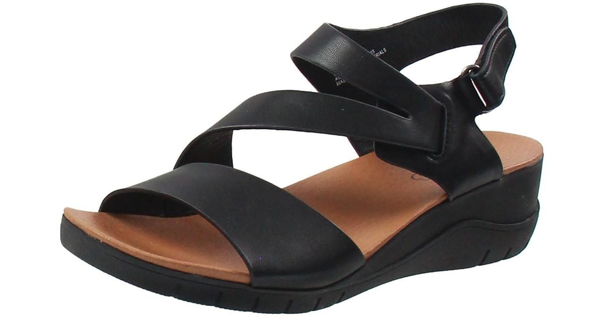 BareTraps Caley Adjustable Faux Leather Wedge Sandals in Black | Lyst