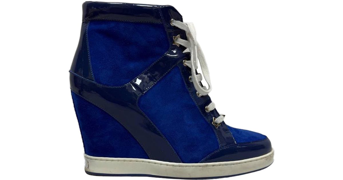 Jimmy Choo Patent Leather Panama Wedge Sneakers in Blue | Lyst