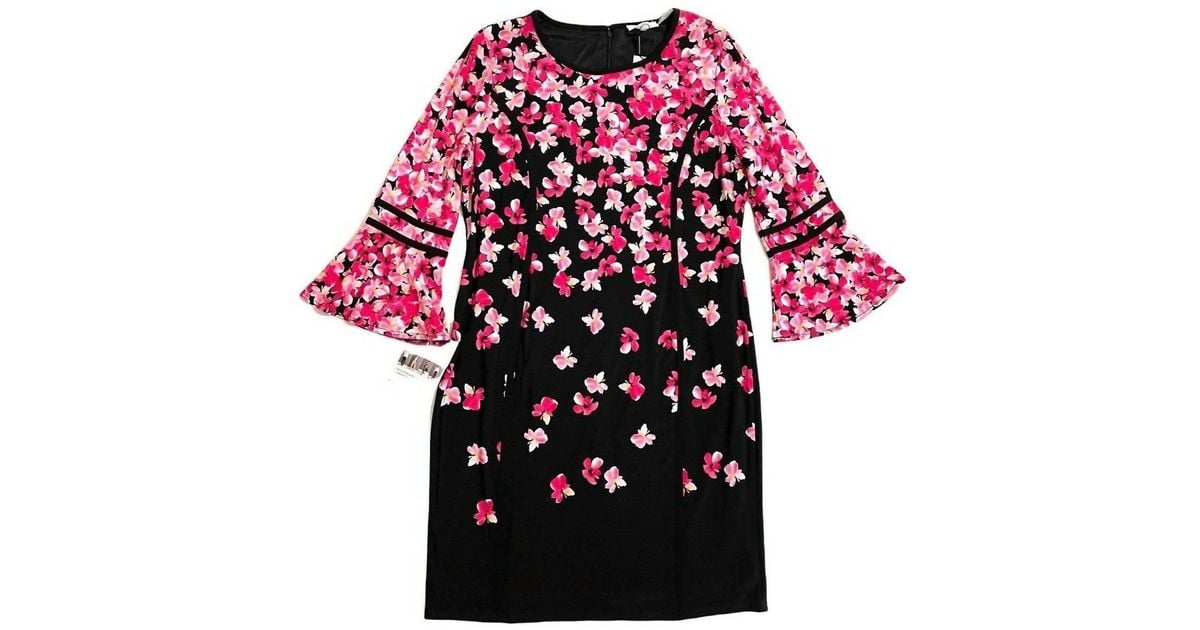 Calvin Klein Shift Dress With Floral Print And Flare Sleeves in Red | Lyst