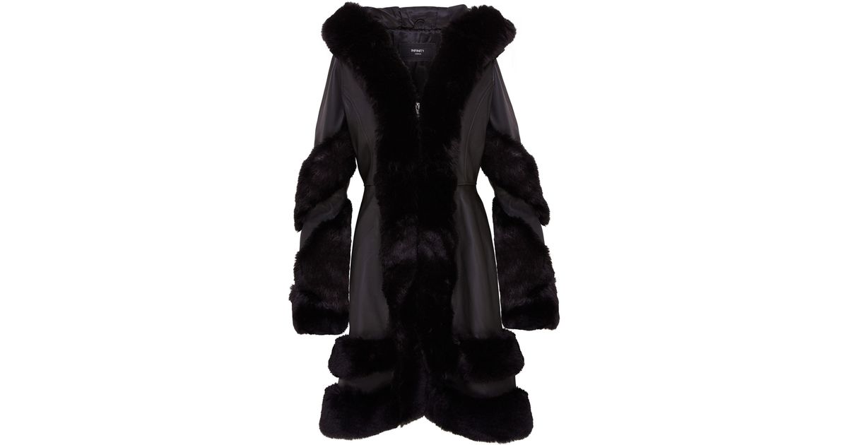 Infinity Leather Flared Leather Hooded Cape Coat With Fur in Black | Lyst