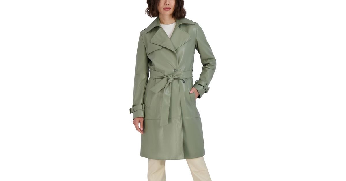 Tahari Faux Leather Cold Weather Trench Coat in Green | Lyst