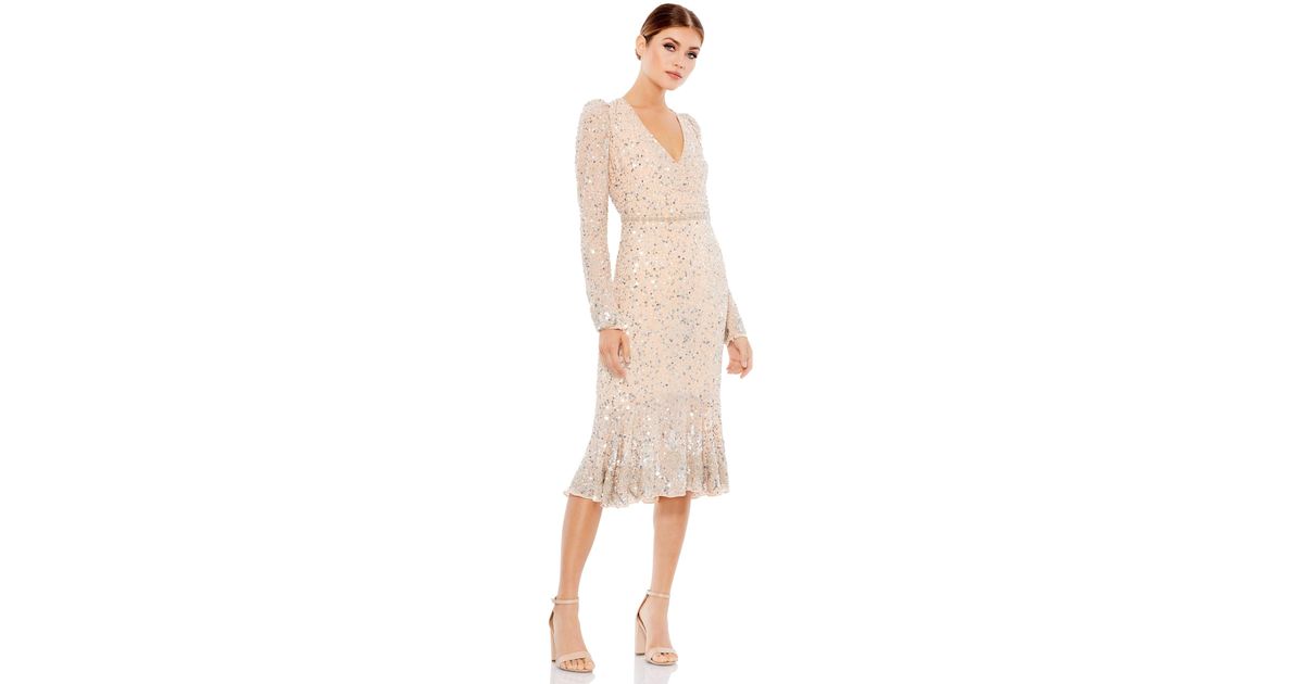 Mac Duggal Sequin Gown With Embellished Hemlin And Belt in White | Lyst