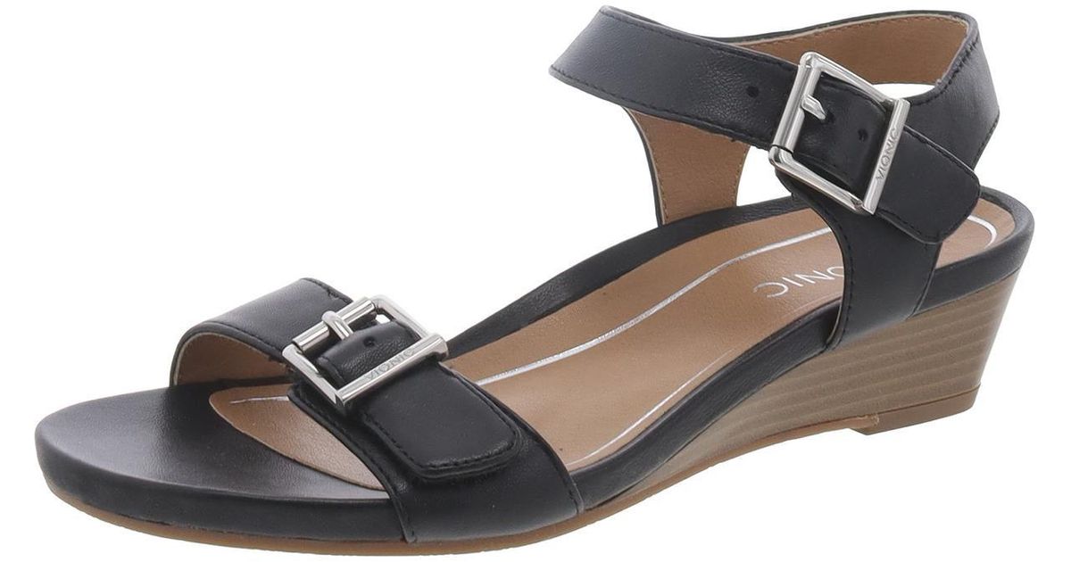 Vionic Fort Frances Leather Wedge Slingback Sandals in Black | Lyst