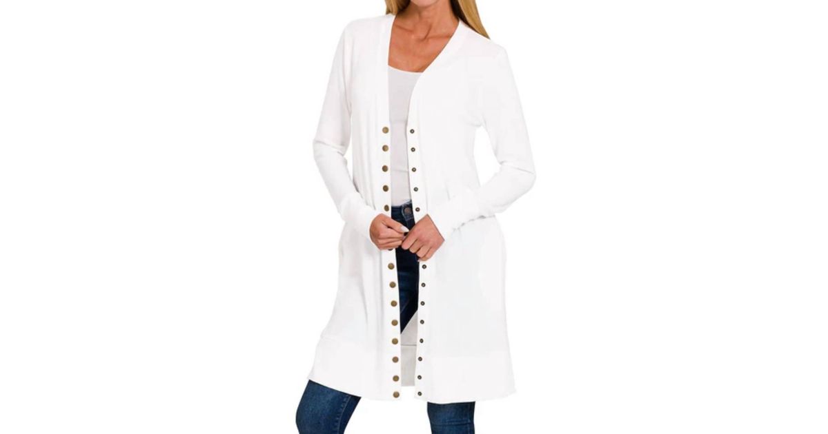 Zenana Full Sleeve Long Snap Cardigan in White | Lyst