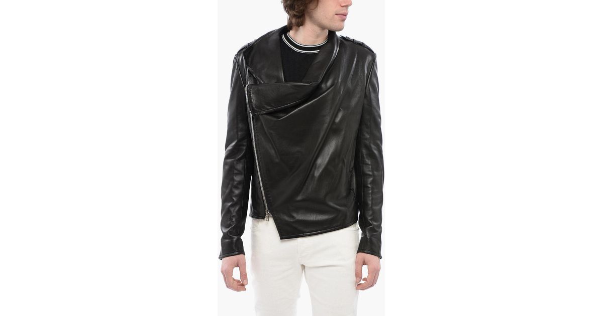 Balmain Front Draped Leather Jacket With Decentralized Zip in Black for ...