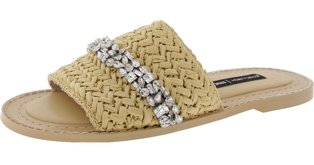 Steve Madden Starlight Embellished Straw Slide Sandals in Natural | Lyst