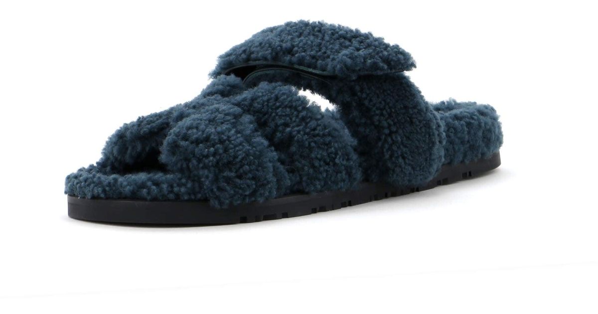 Hermès Chypre Sandals Suede With Shearling in Blue | Lyst