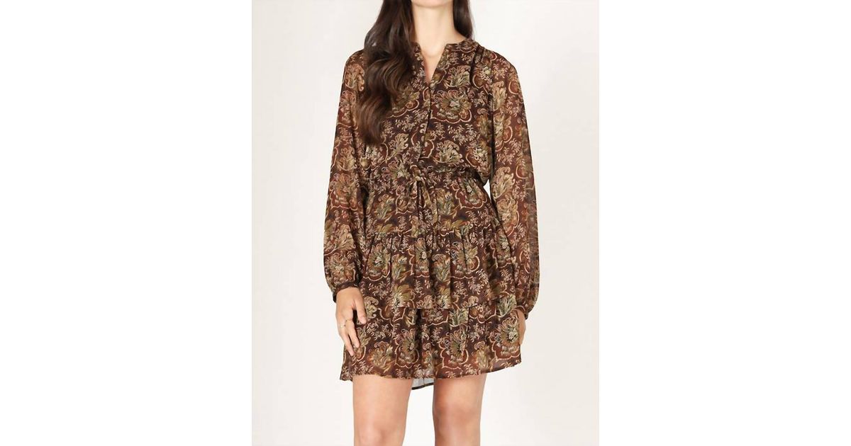 Dex Paisley Floral Tiered Mini Dress in Brown | Lyst