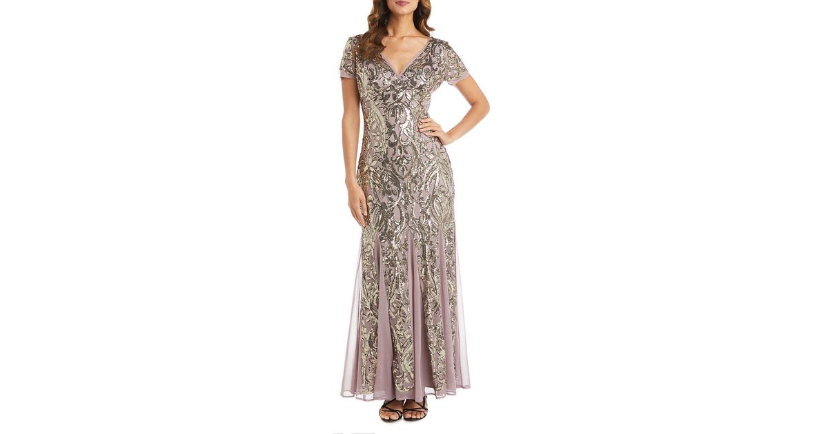 R & M Richards V Neck Full Length Evening Dress in Brown | Lyst