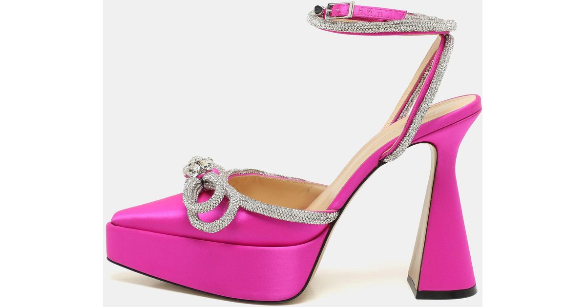 Mach & Mach Satin Double Bow Crystal Embellished Platform Pumps in Pink ...