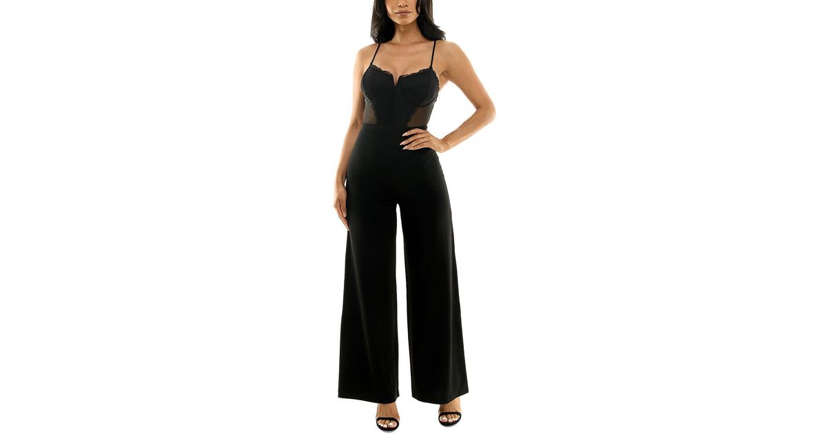 Almost Famous Lace Mesh Inset Jumpsuit in Black | Lyst