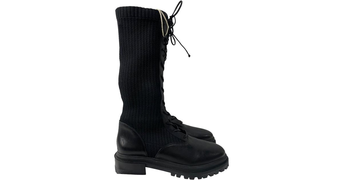 Porte & Paire Ribbed-Knit Lace-Up High Combat Boots in Black | Lyst