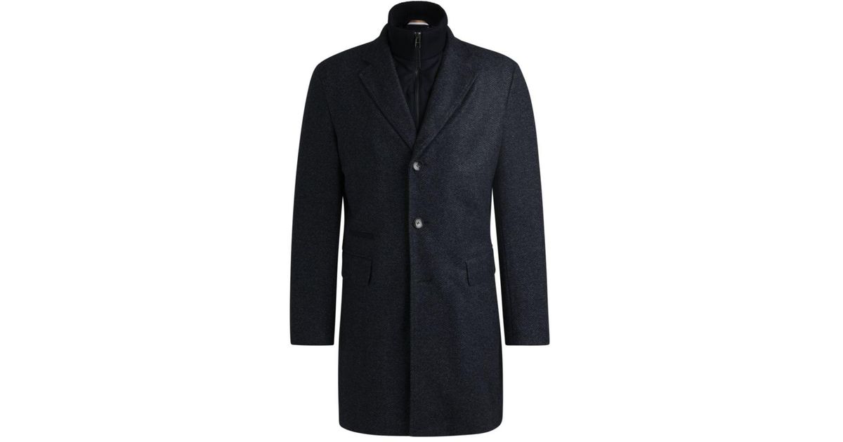 BOSS Herringbone Slim-Fit Coat With Detachable Zip-Up Inner in Blue for ...