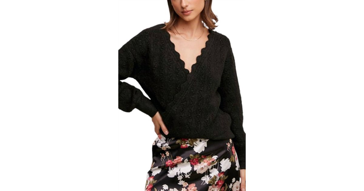 Listicle Paige Pointelle Knit Wrap Style Sweater in Black | Lyst