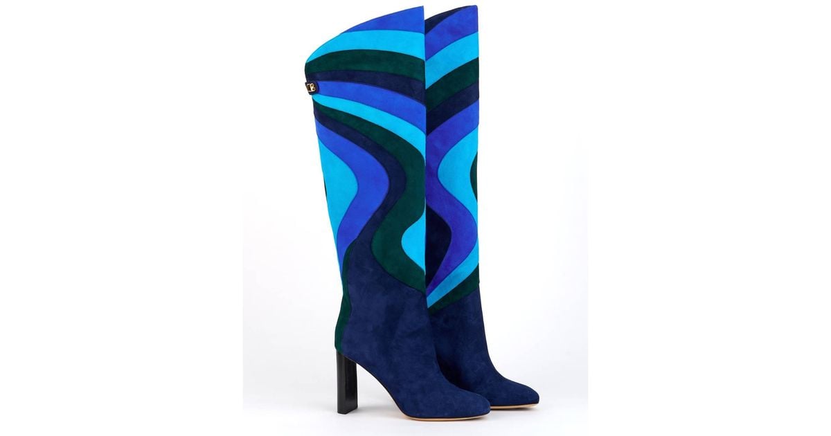 Skorpios Aurora High Heel Suede Patchwork Boots in Blue | Lyst