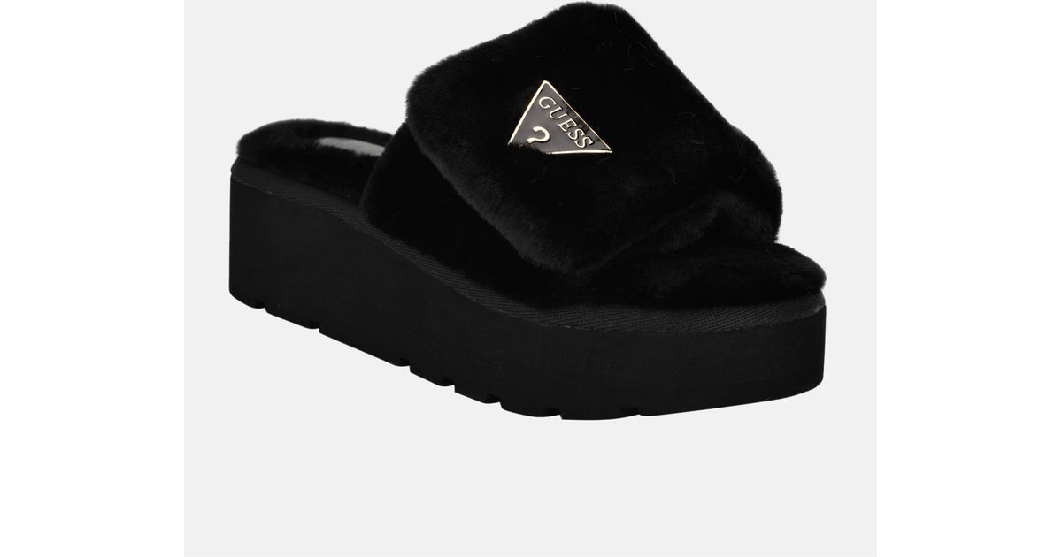 Guess Alista Faux-Fur Platform Slide Sandals in Black | Lyst