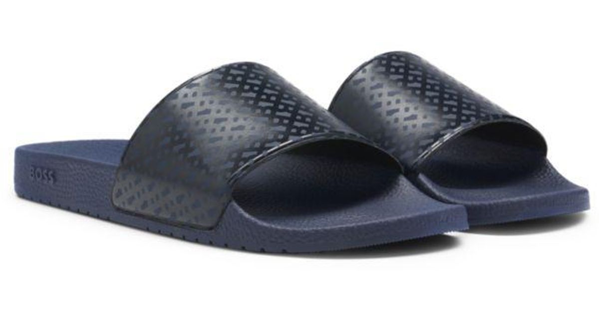 BOSS Italian-Made Slides With Monogram Strap in Blue for Men | Lyst