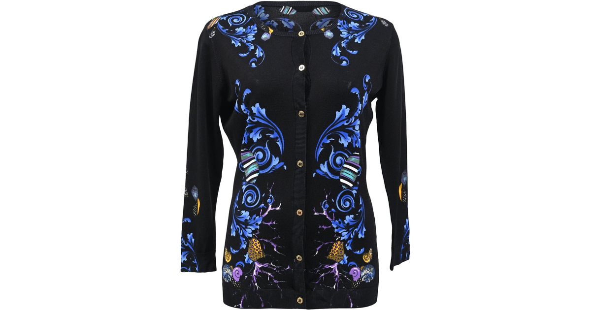 Versace Collection Floral Printed Knit Cardigan in Blue | Lyst