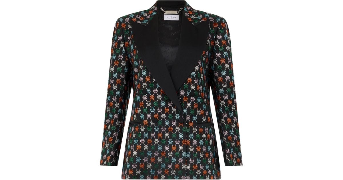 Philipp Plein Double Breasted Marine Fit Blazer Monogram Strass in ...