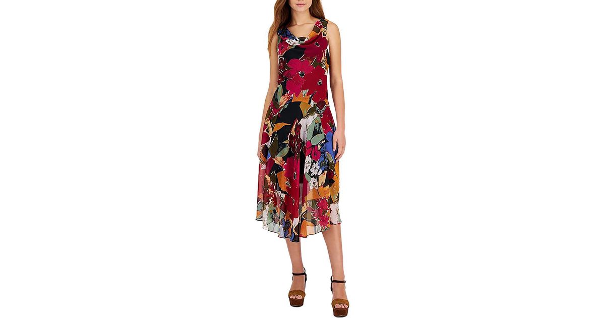 Signature By Robbie Bee Cowl Neck Floral Midi Dress in Red | Lyst