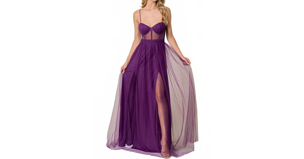 Maniju Sheer Embellished Tulle Two Slits Prom Dress in Purple | Lyst