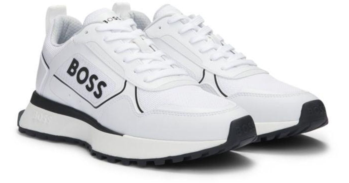 BOSS Mixed-Material Trainers With Large Side-Panel Logo in White for ...