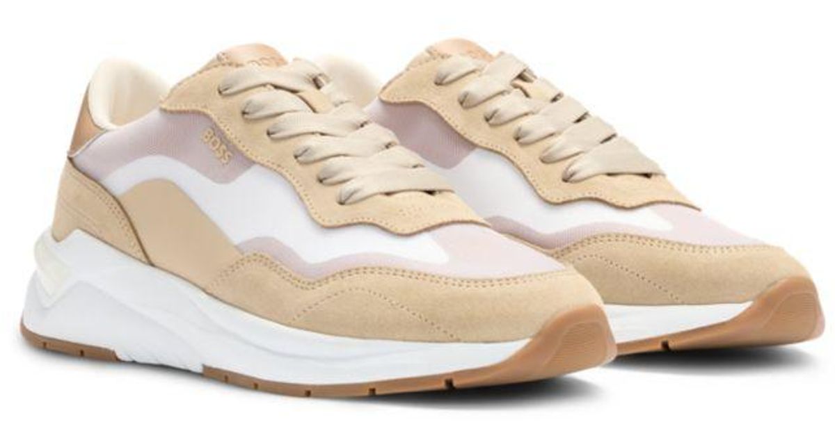 BOSS Running-Inspired Trainers With Suede And Mesh in Natural | Lyst