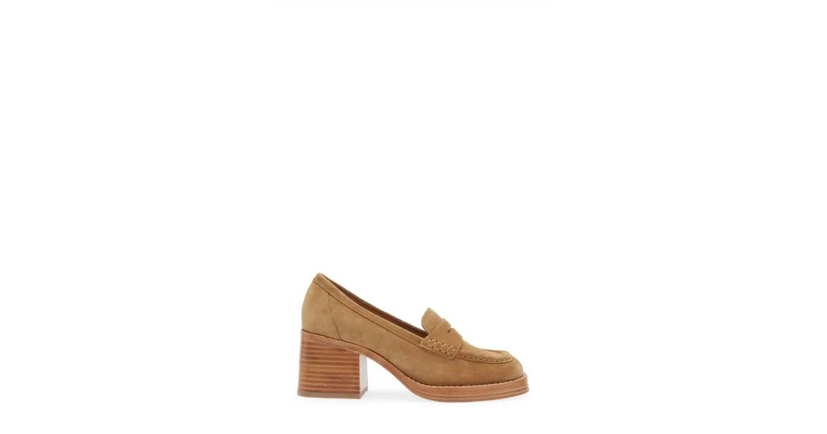Chocolat Blu Irene Penny Loafer Suede Heels in Brown | Lyst