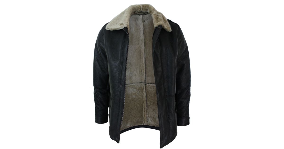 TruClothing Shearling Sheepskin Overcoat With Fur in Black for Men | Lyst