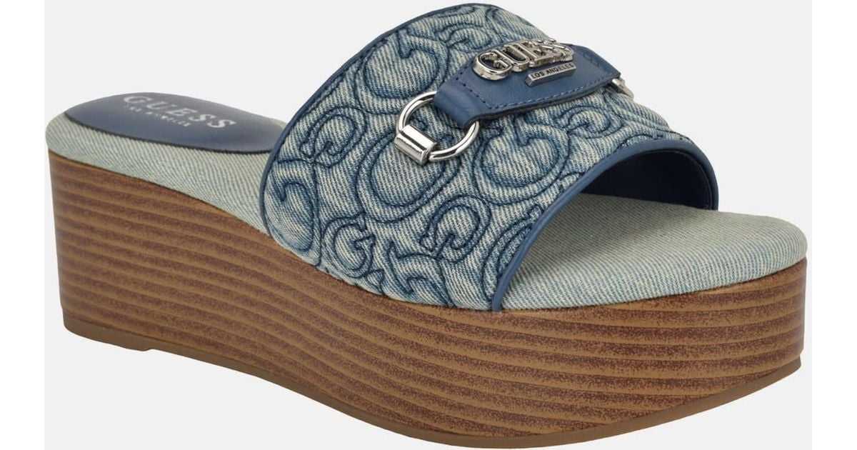 Guess Matties Denim Wooden Platform Sandals in Blue | Lyst