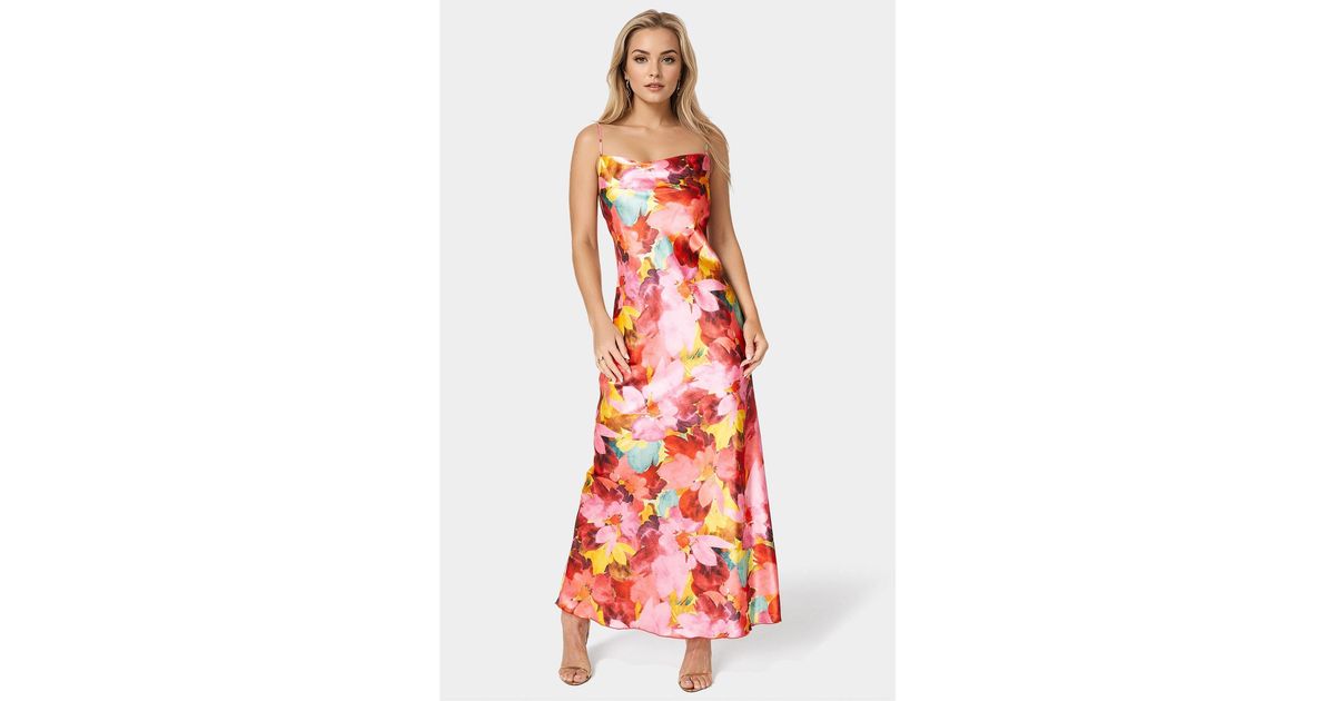 Bebe Print Satin Maxi Dress in Red | Lyst