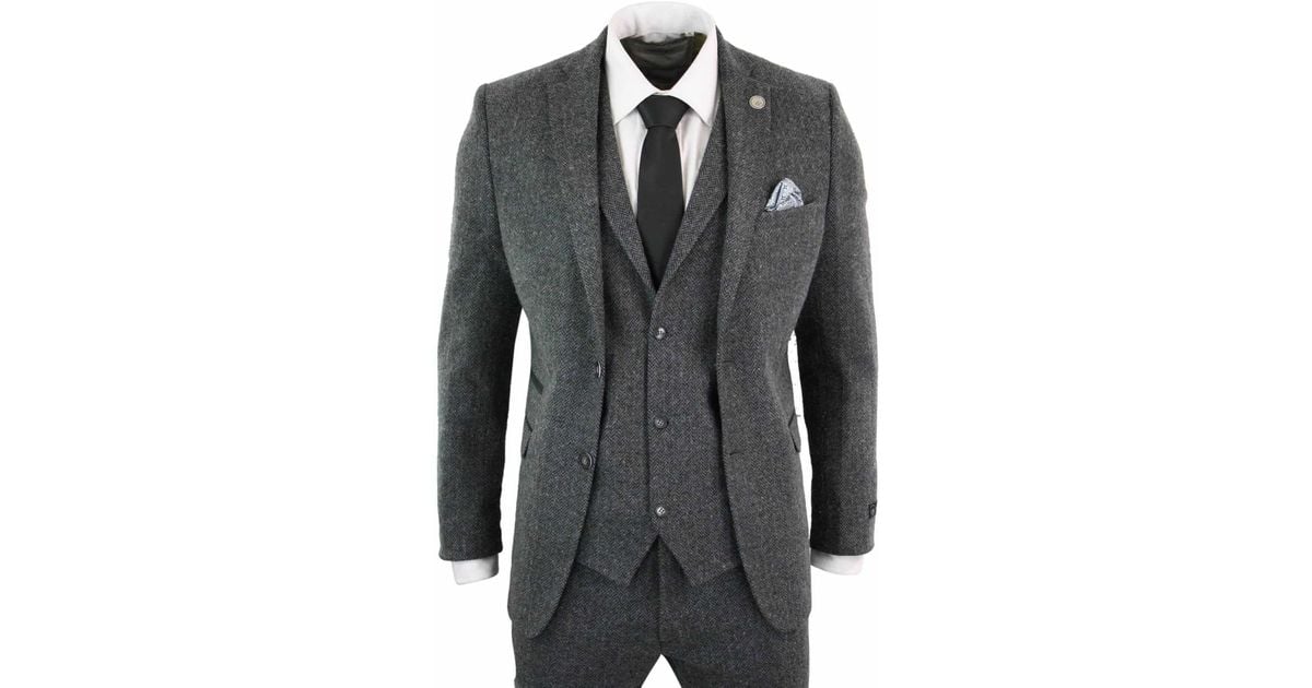 Oliver Tweed 3 Piece Charcoal Herringbone Tweed Suit in Black for Men ...