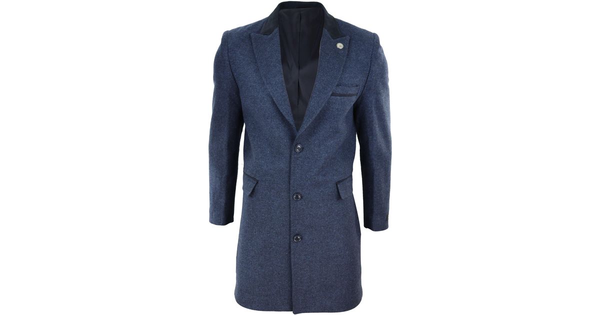 TruClothing 3/4 Long Overcoat Herringbone Tweed Peaky Blinders in Blue ...