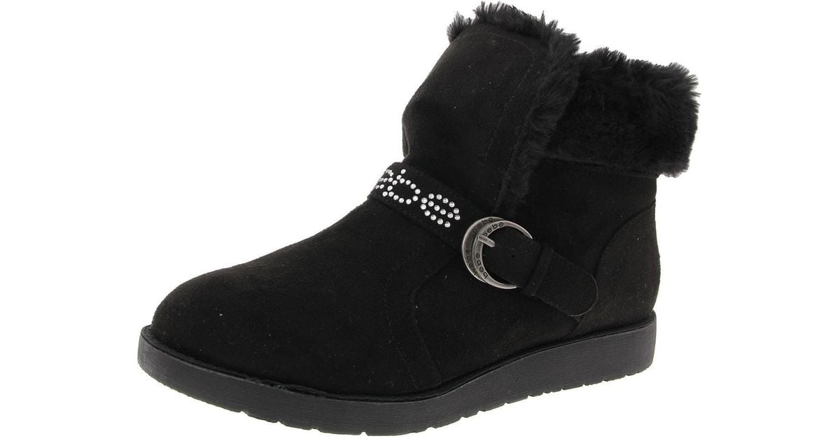 Bebe Leyna Embellished Faux Fur Shearling Boots in Black | Lyst