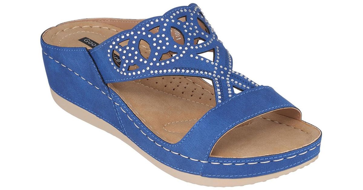 Good Choice Ganni Cut-Out Rhinestone Wedge Sandals in Blue | Lyst
