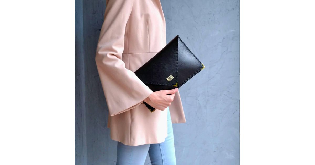 Ana Koutsi Leather Envelope Clutch in Black | Lyst