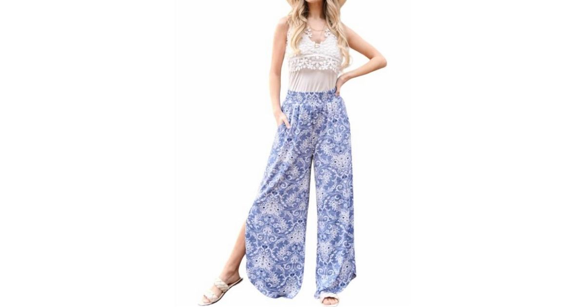 And The Why Smocked Floral Side Slit Pants in Blue | Lyst