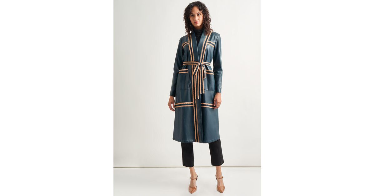 Misook Belted Long Vegan Leather Jacket in Blue | Lyst