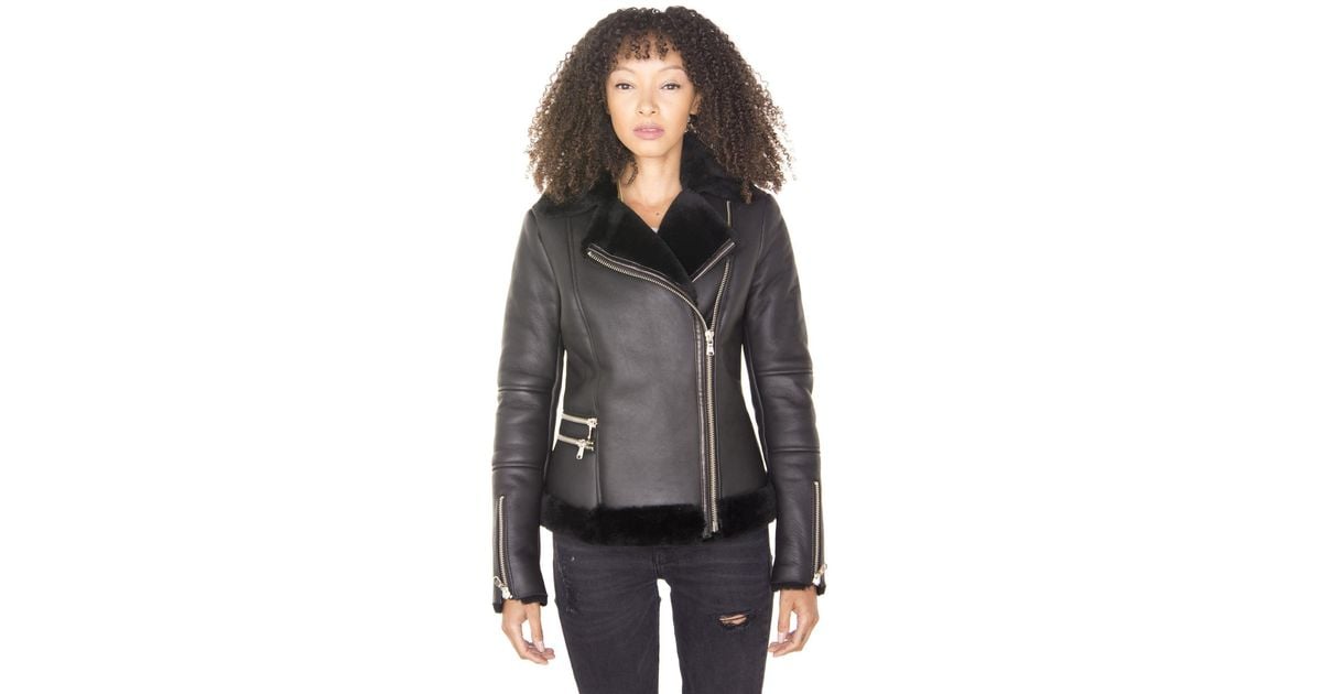 Infinity Leather Shearling Sheepskin Aviator Jacket-Patchway in Black ...